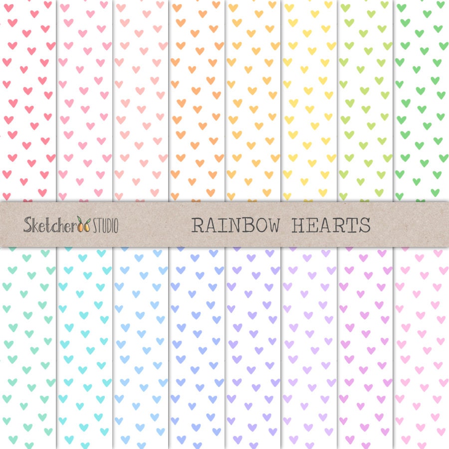 Rainbow Hearts • 16 Hand Drawn Seamless Digital Papers • Heart, Love ...
