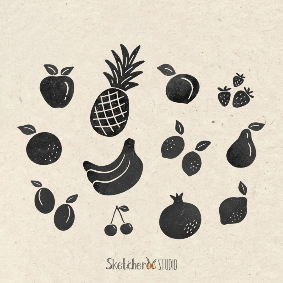 Stamp-style Fruit Clipart • 12 Hand Drawn Digital Images • Png, Black ...