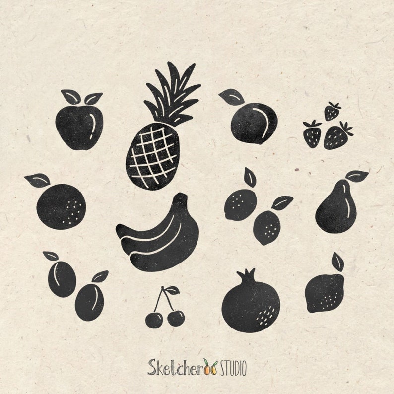 Stamp-style Fruit Clipart • 12 Hand Drawn Digital Images • Png, Black ...