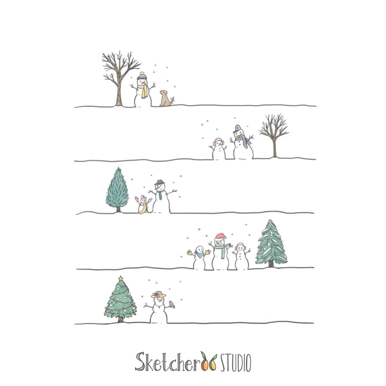 Snowman Divider Clipart • 5 Hand Drawn Digital Images • Png, Christmas ...