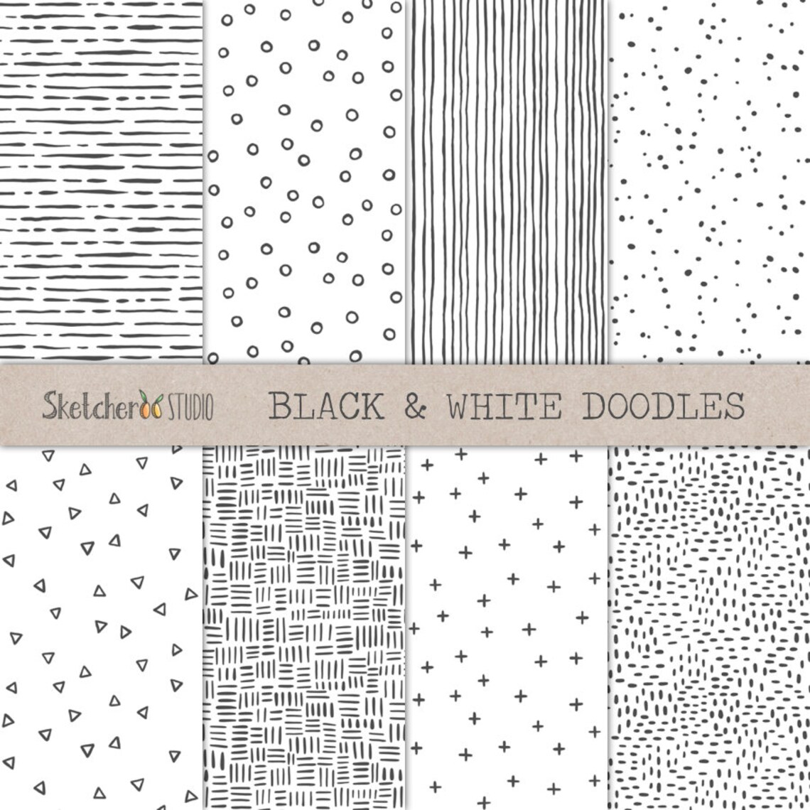 Garabatos en blanco y negro 8 papeles digitales sin costuras dibujados ...