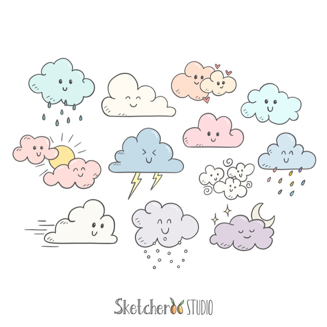 Happy Clouds Clipart • 12 Hand Drawn Digital Images • Png, Pastel ...