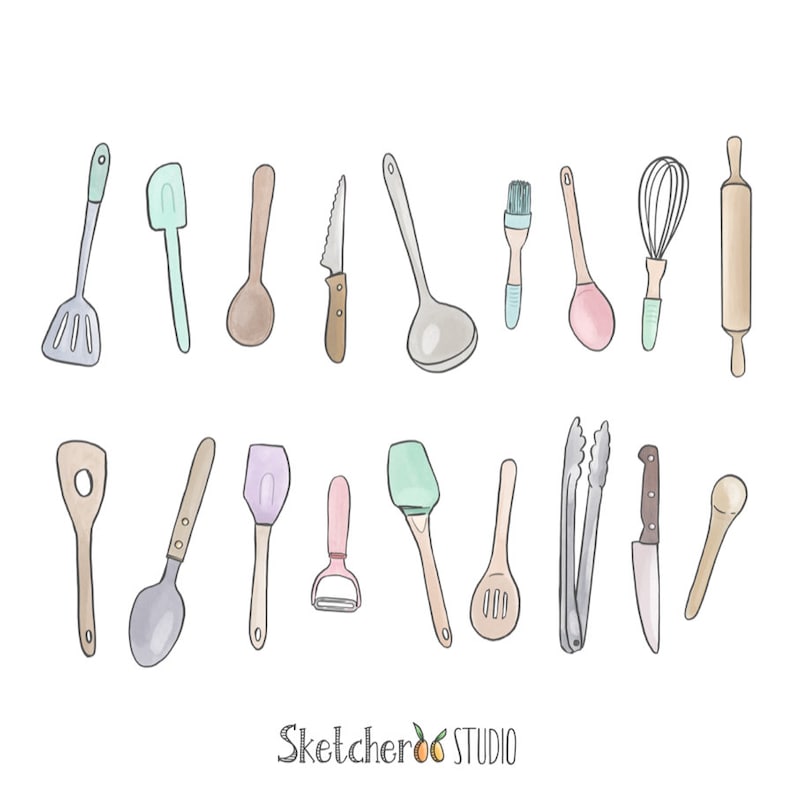 Kitchen Utensil Clipart • 18 Hand Drawn Digital Images • png, Cooking ...