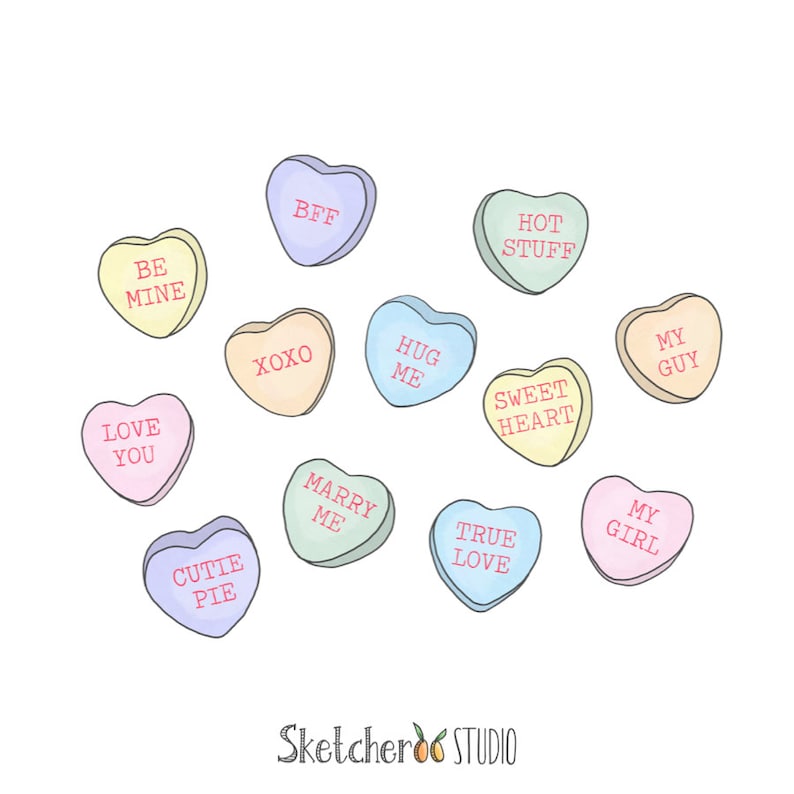 Conversation Hearts Candy Clipart • 12 Hand Drawn Digital Images • Png ...