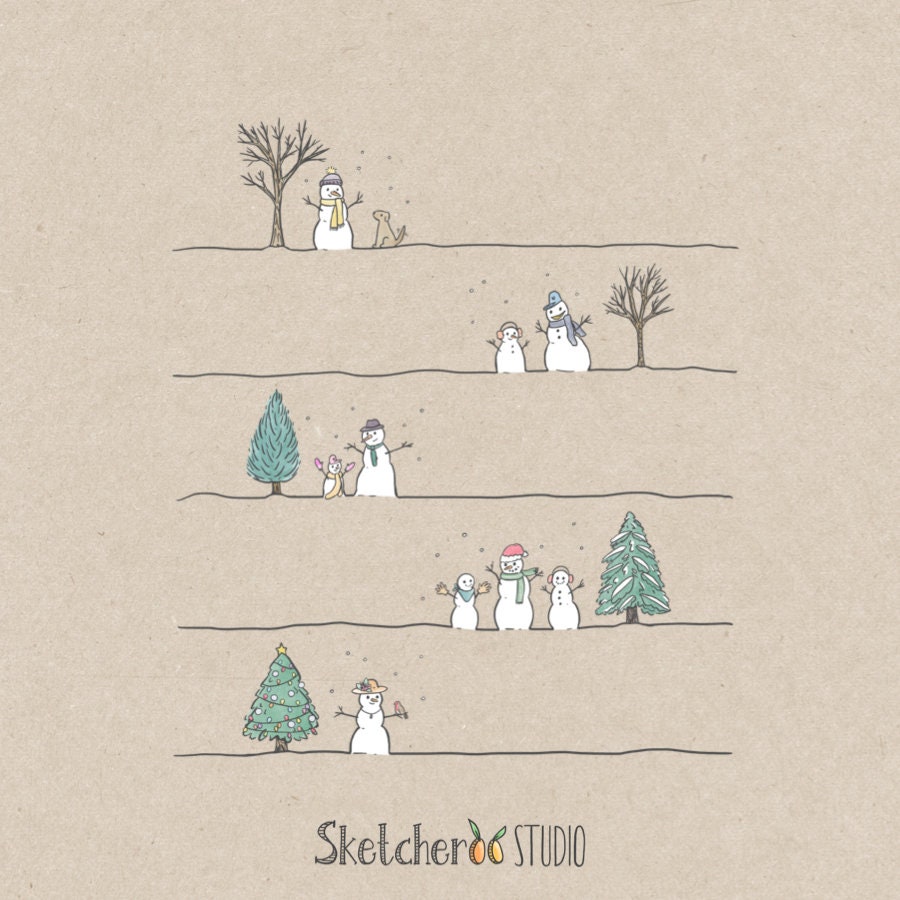 Snowman Divider Clipart • 5 Hand Drawn Digital Images • Png, Christmas ...