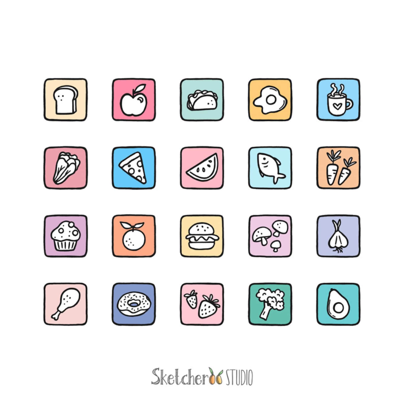 Foodie Icons • 20 Hand Drawn Digital Images • Png, Icon, Food, Kitchen ...
