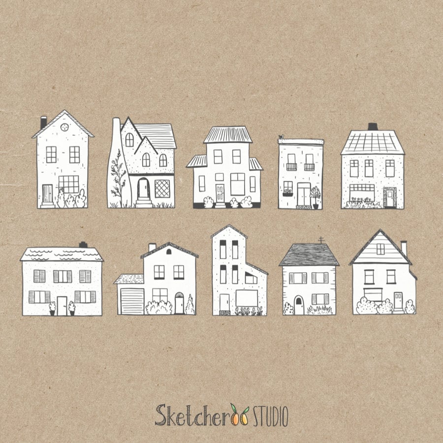 Houses Clipart • 10 Hand Drawn Digital Images • Png, House, Home, Line ...