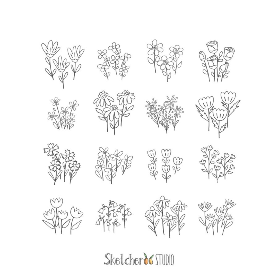 Flower Clumps Clipart • 16 Hand Drawn Digital Images • Png, Black White ...