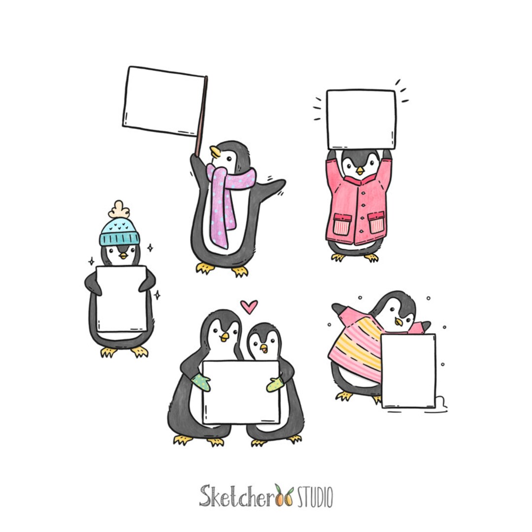 Penguins Holding Signs Clipart • 5 Hand Drawn Digital Images • Png ...