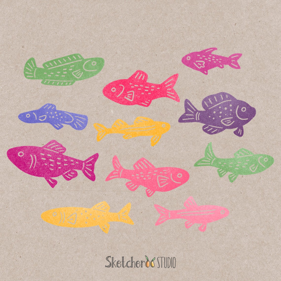 Colourful Stamp-style Fish Clipart • 11 Hand Drawn Digital Images • Png ...