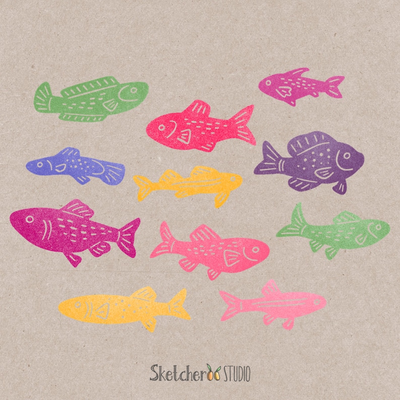 Colourful Stamp-style Fish Clipart • 11 Hand Drawn Digital Images • Png ...