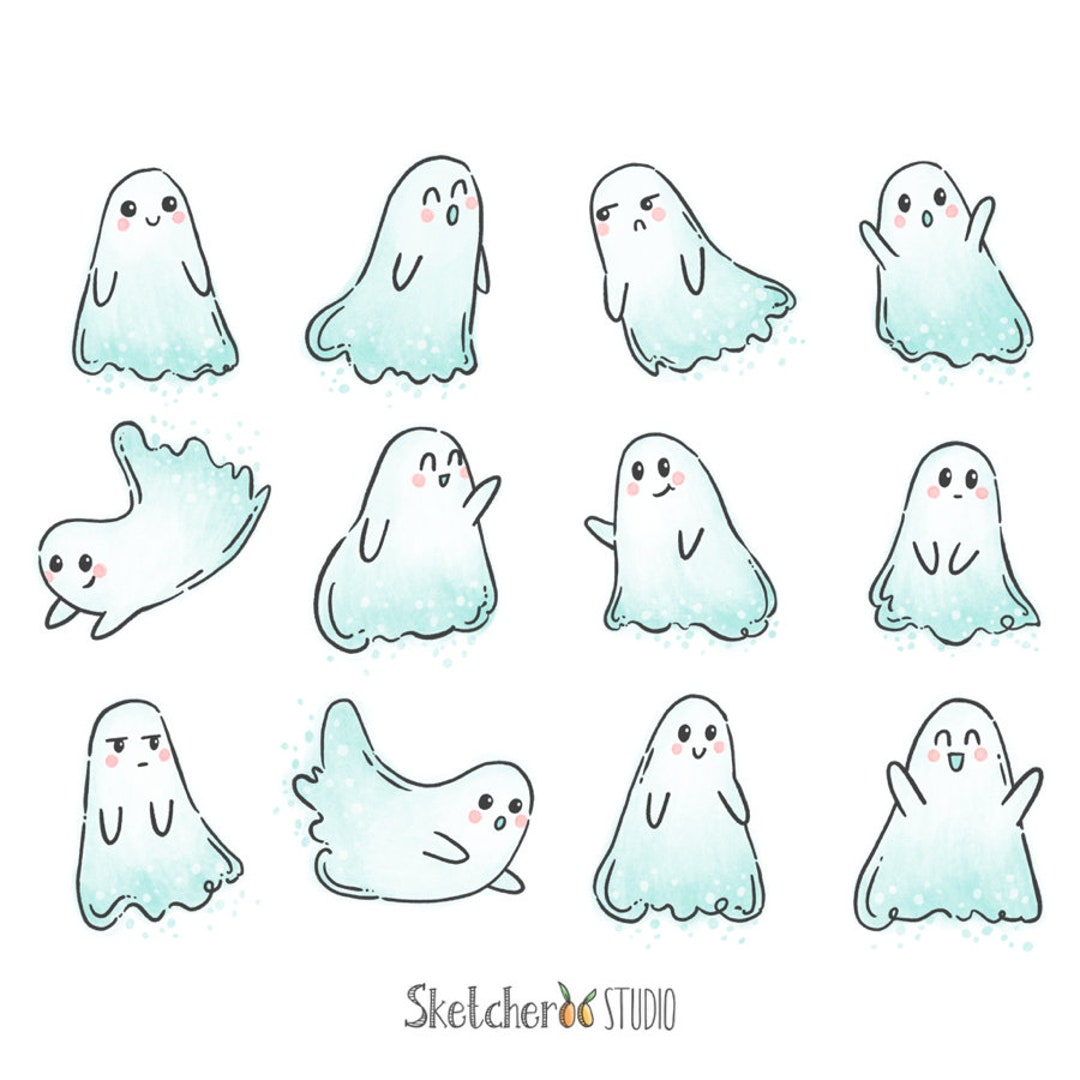 Little Ghosts Clipart • 12 Hand Drawn Digital Images • Png, Instant ...