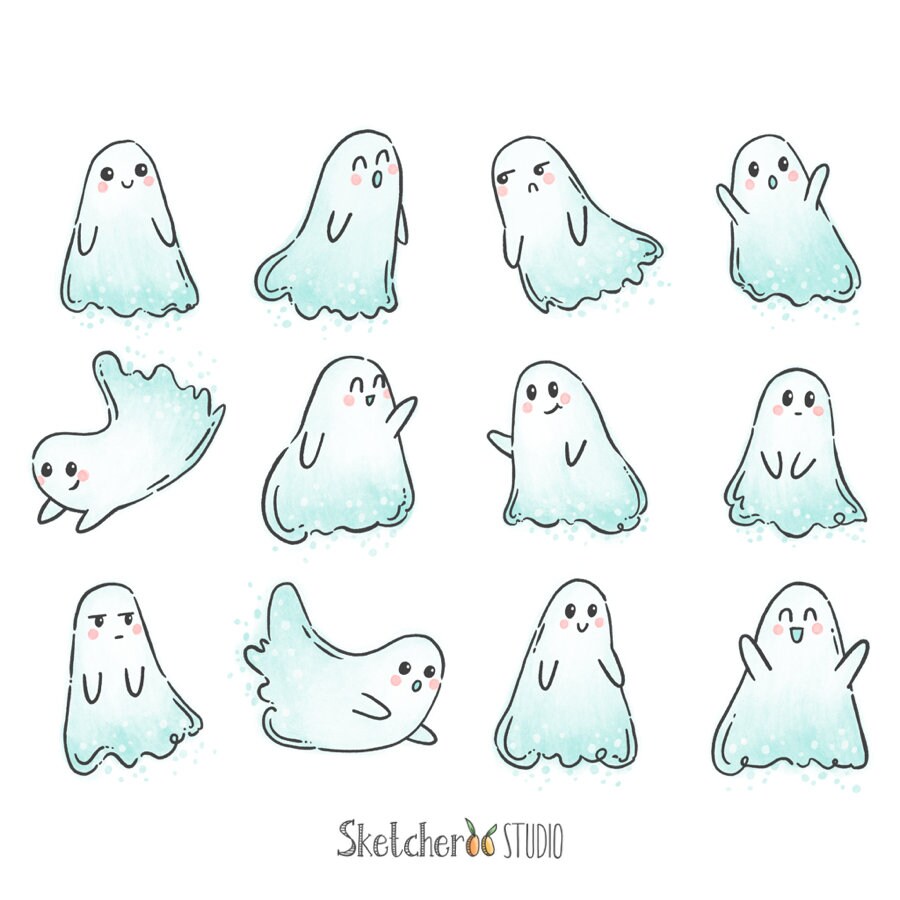 Little Ghosts Clipart • 12 Hand Drawn Digital Images • Png, Instant ...