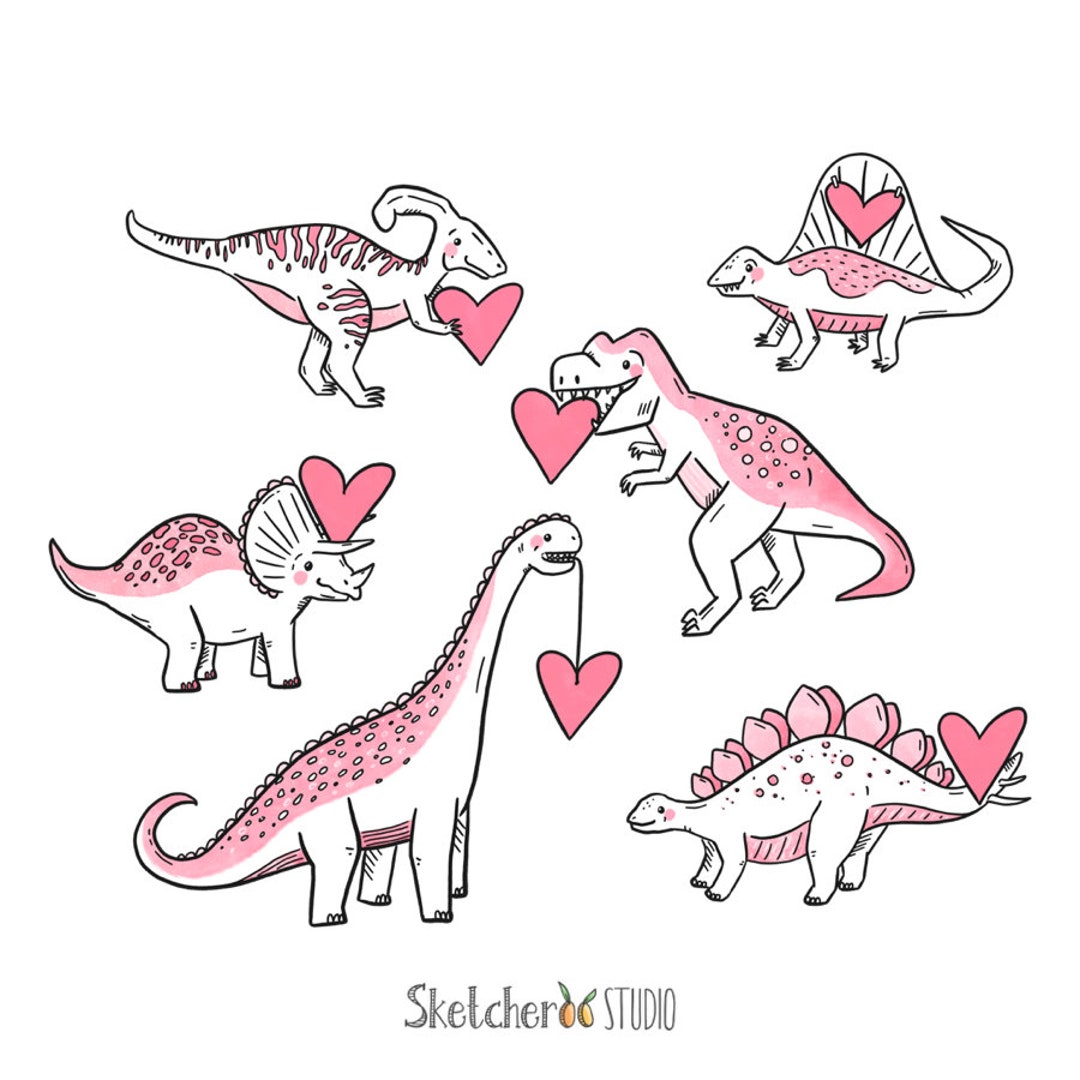 Valentine Dinosaurs Clipart • 6 Hand Drawn Digital Images • Png, Dinos ...