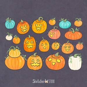 Pumpkin & Jack-o-lantern Clipart • 18 Hand Drawn Digital Images • Png ...