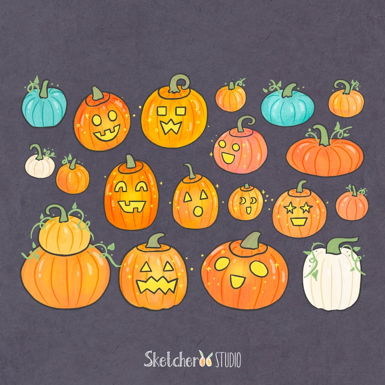 Pumpkin & Jack-o-lantern Clipart • 18 Hand Drawn Digital Images • Png ...