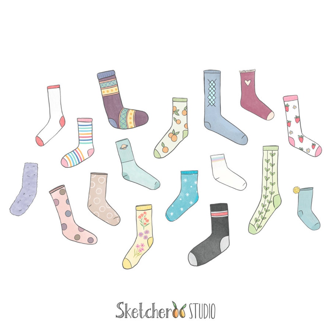 Socks Clipart • 17 Hand Drawn Digital Images • Png, Sock, Illustrated ...