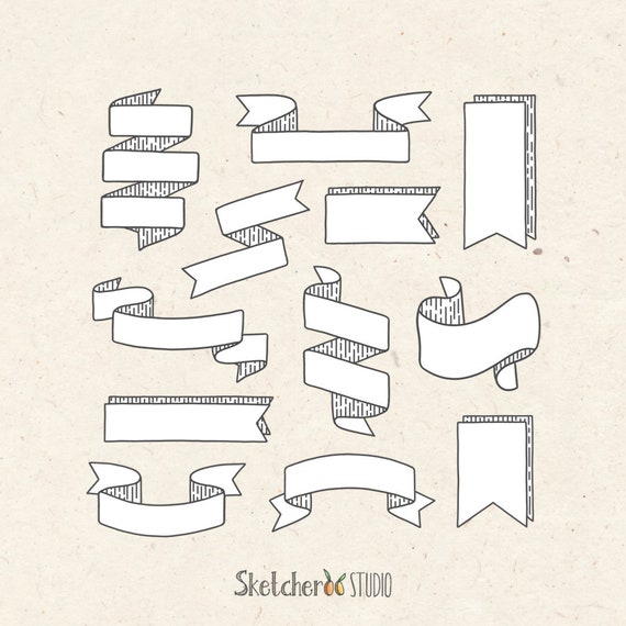 Ribbon Banner Clipart 12 Hand Drawn Digital Images With - Etsy