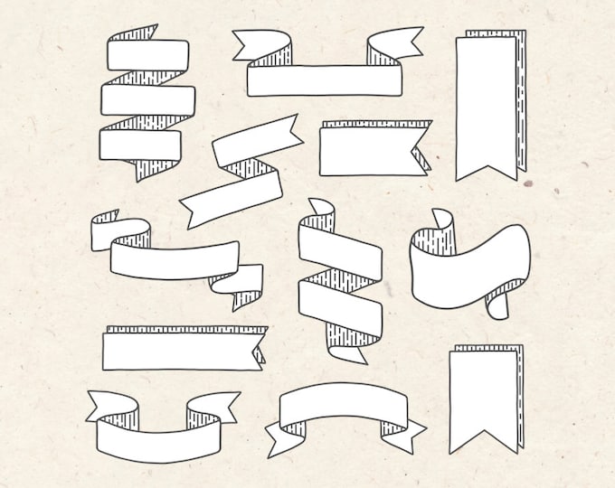 Doodle Banners Clipart - Hand Doodled Ribbon Banner - Black & White ...