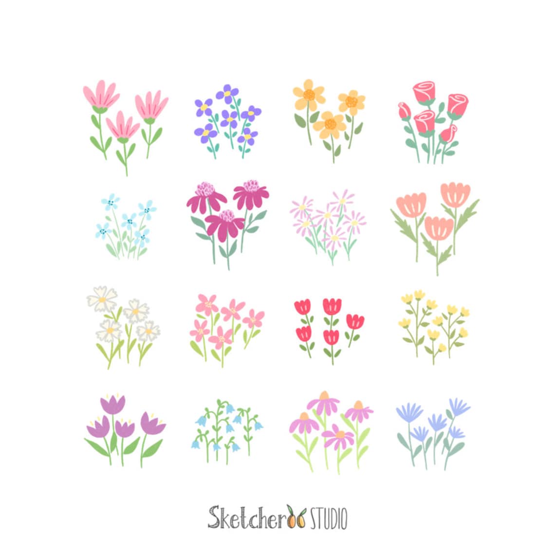 Flower Clumps Colour Clipart 16 Hand Drawn Digital Images Png, Floral ...