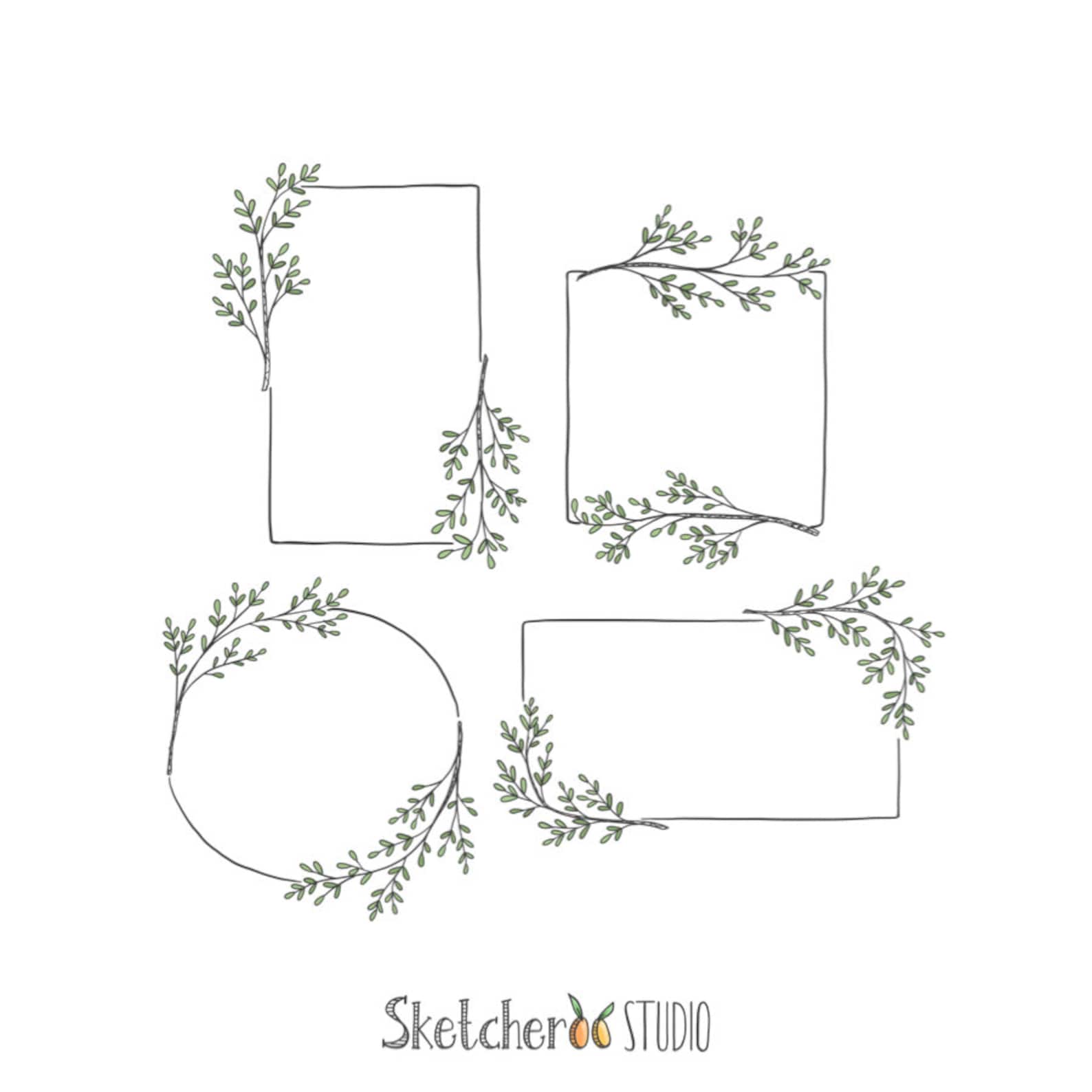 Leafy Frames Clipart • 4 Hand Drawn Digital Images • Png, Frames ...