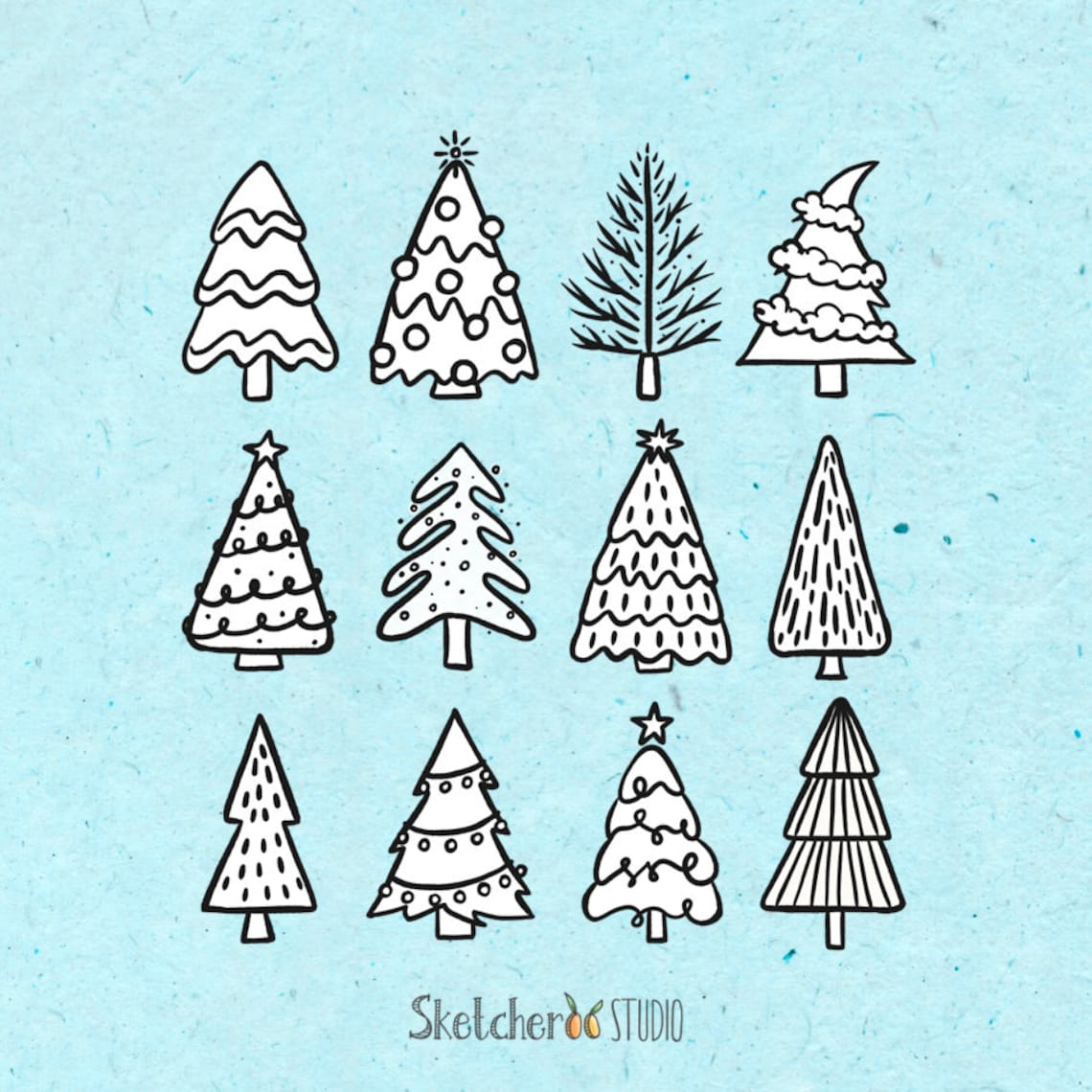 Christmas Tree Clipart, Black & White • 12 Hand Drawn Digital Images ...