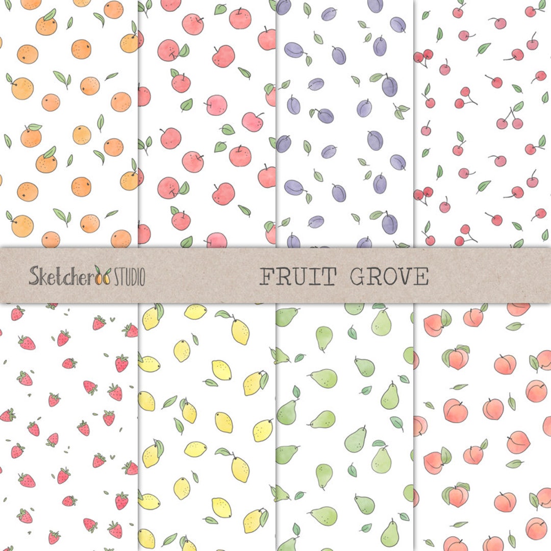 Fruit Grove • 8 Hand Drawn Seamless Digital Papers • Doodle, Fruits ...