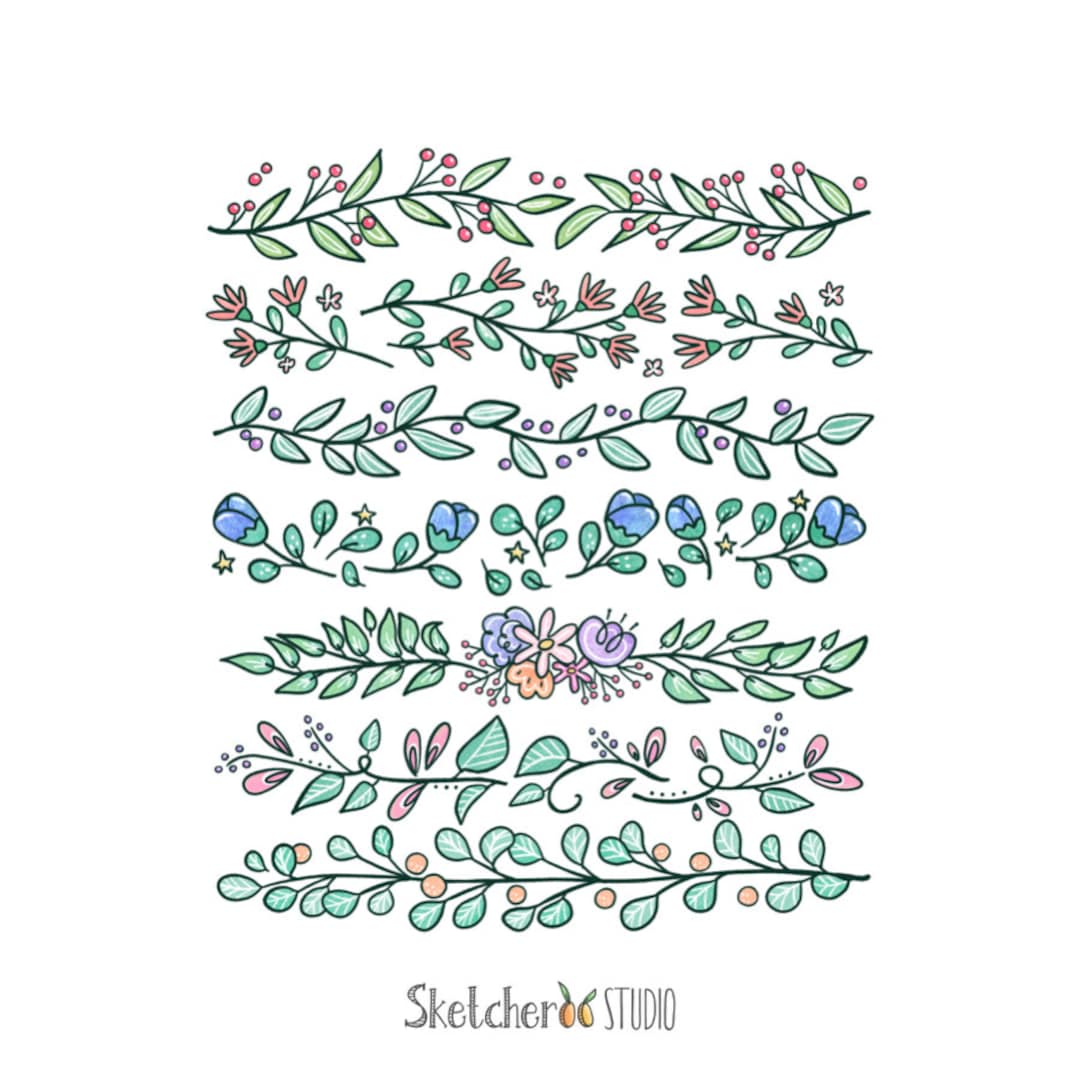 Leaf & Flower Dividers Clipart • 7 Hand Drawn Digital Images • Png ...