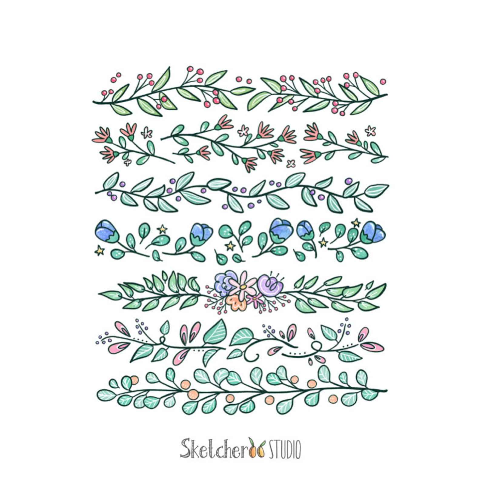 Floral Dividers Clipart • Hand Drawn Leaf & Flower Borders (PNG) - Etsy