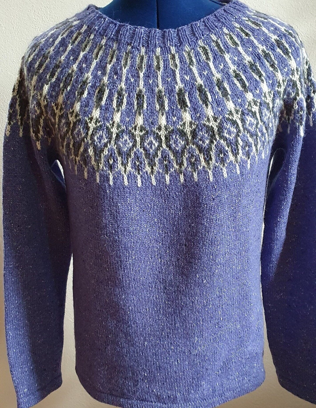 Hand-knitted Icelandic Sweater in Blue With Black and White Pattern ...