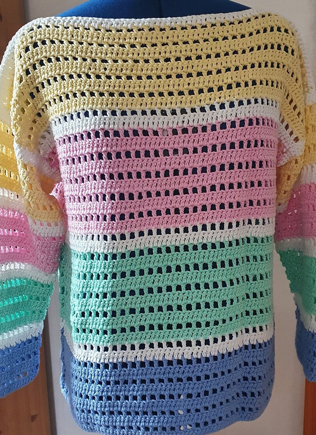Crocheted Summer Sweater in Beautiful Pastel Colors Striped, in Filet ...