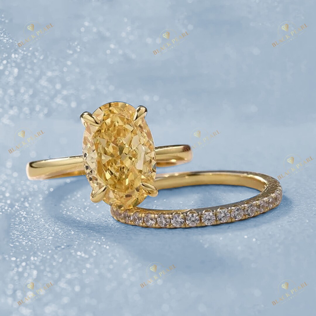 Rare 1 to 4 CT Oval Cut Fancy Yellow Lab Grown Diamond Ring Set,hidden ...