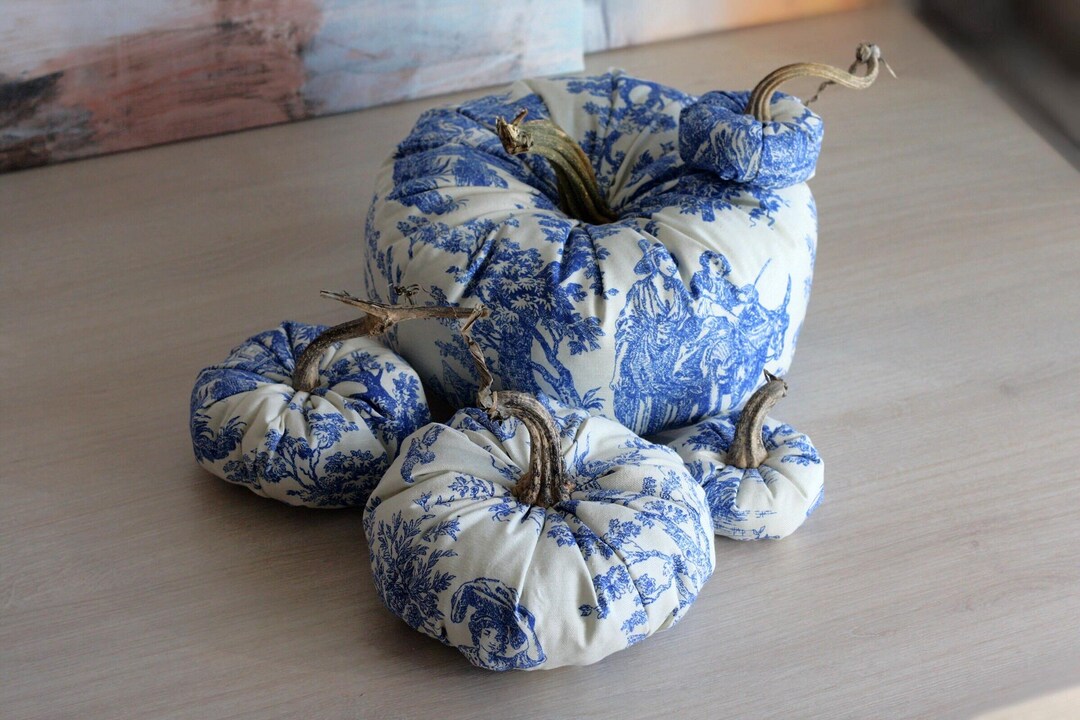 Pumpkins "toile De Jouy Blue" Set of 3 or 5 With Real Stems - Etsy
