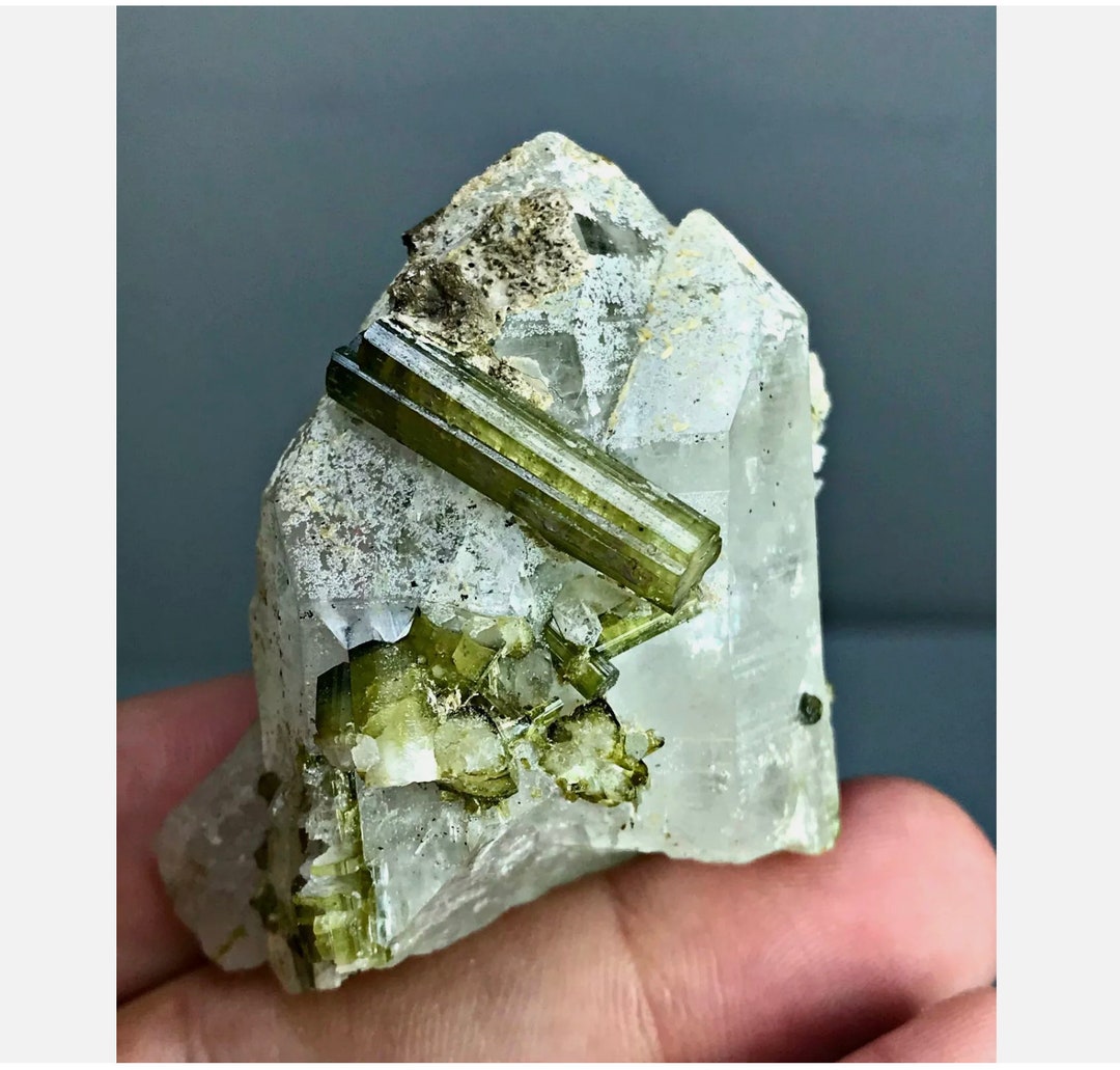 Terminated Quartz With Green Verdelite Tourmaline Cluster on Terminated ...