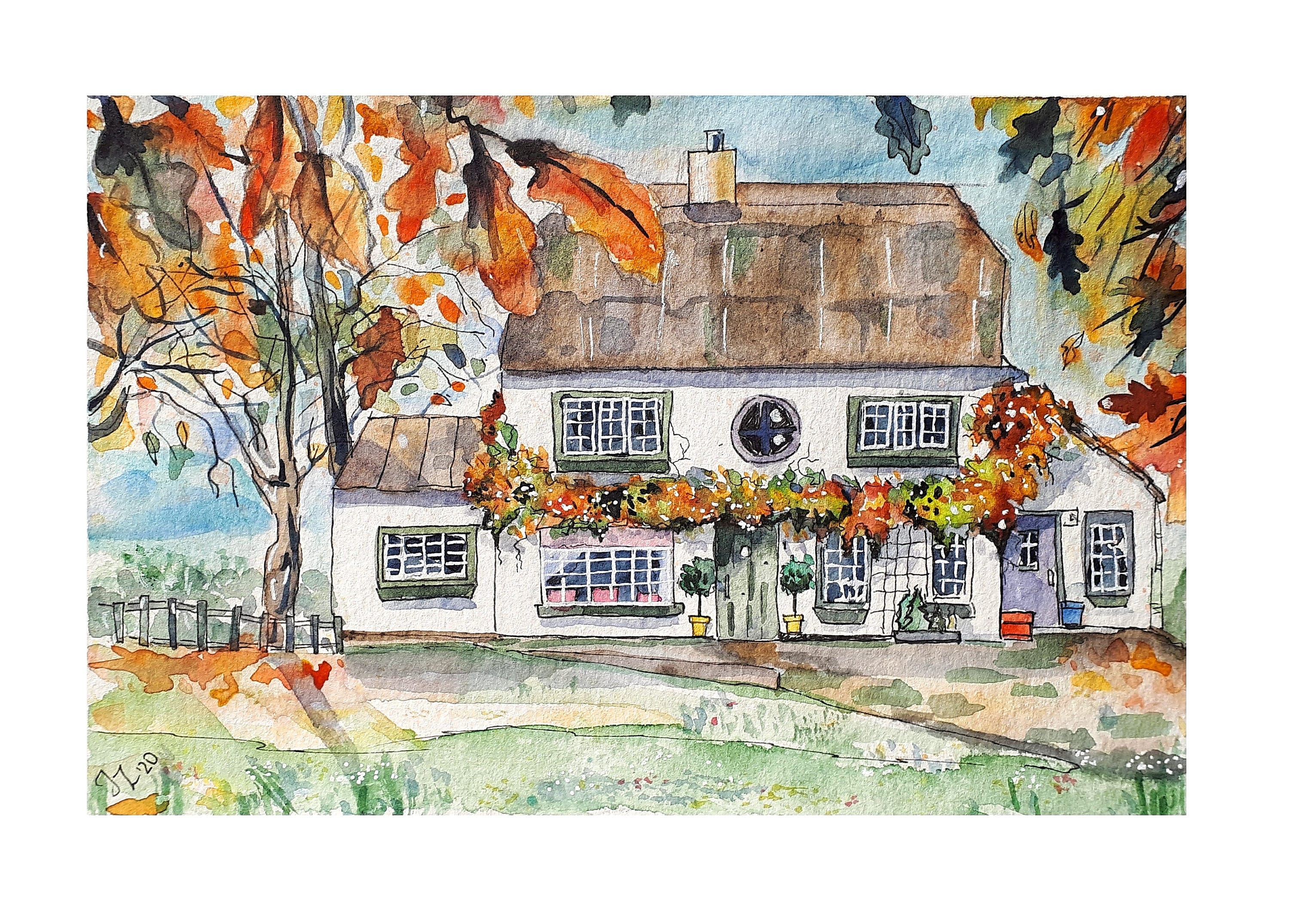 Watercolor English Manor Home