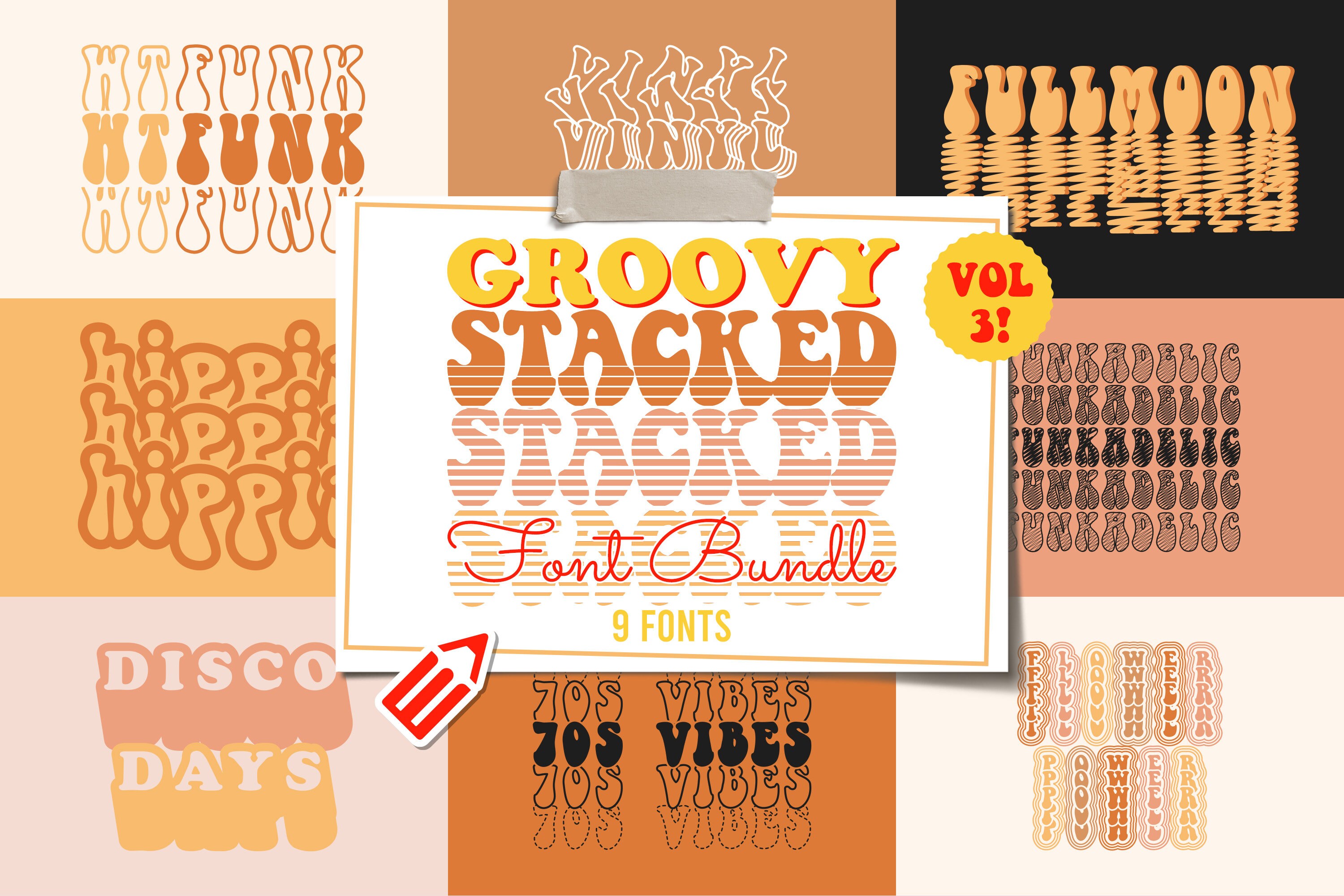 Groovy Stacked Font Bundle Vol.3 Stacked Font, Layered Font, Groovy ...