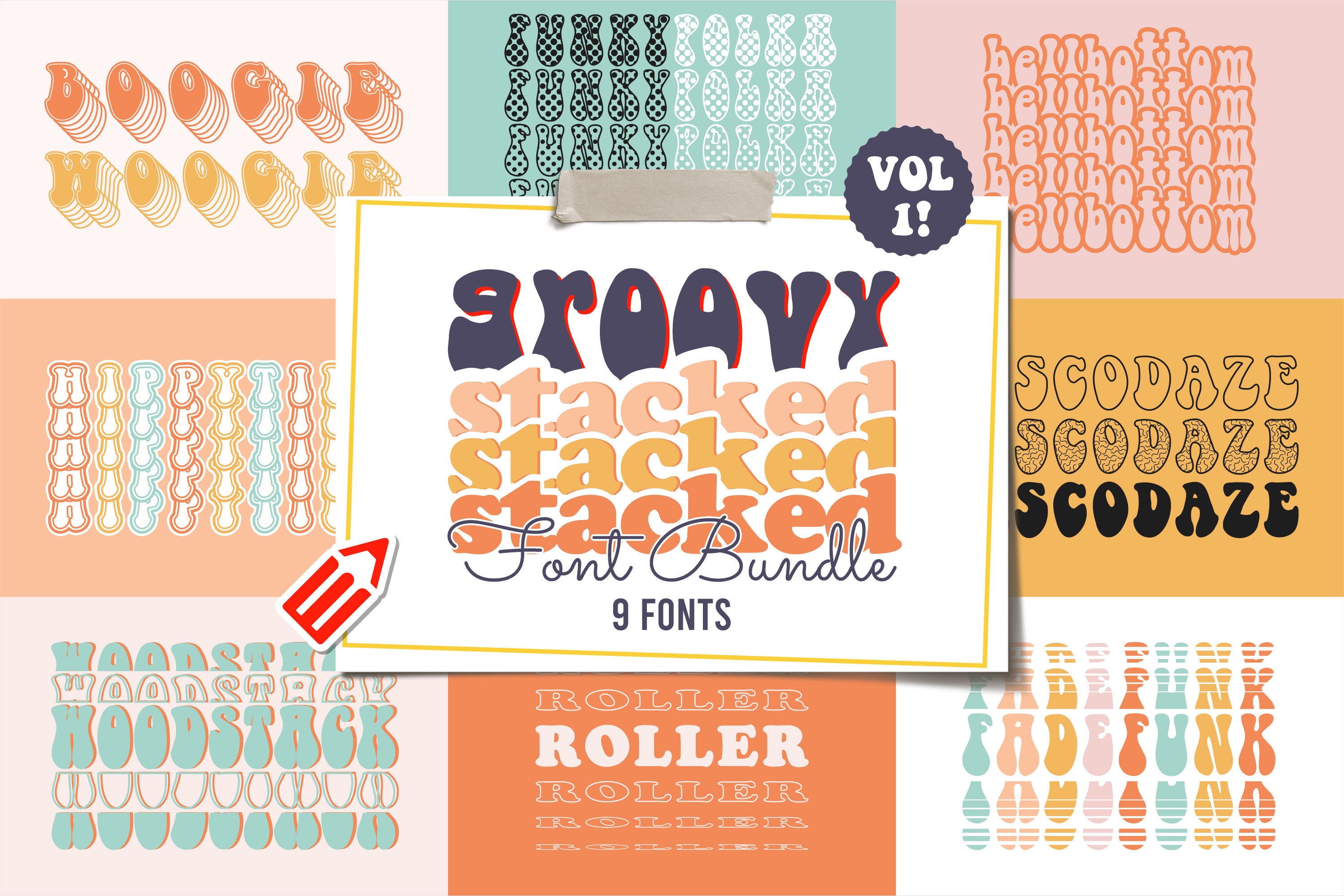 Groovy Stacked Font Bundle Vol.1 Stacked Font, Layered Font, Groovy ...