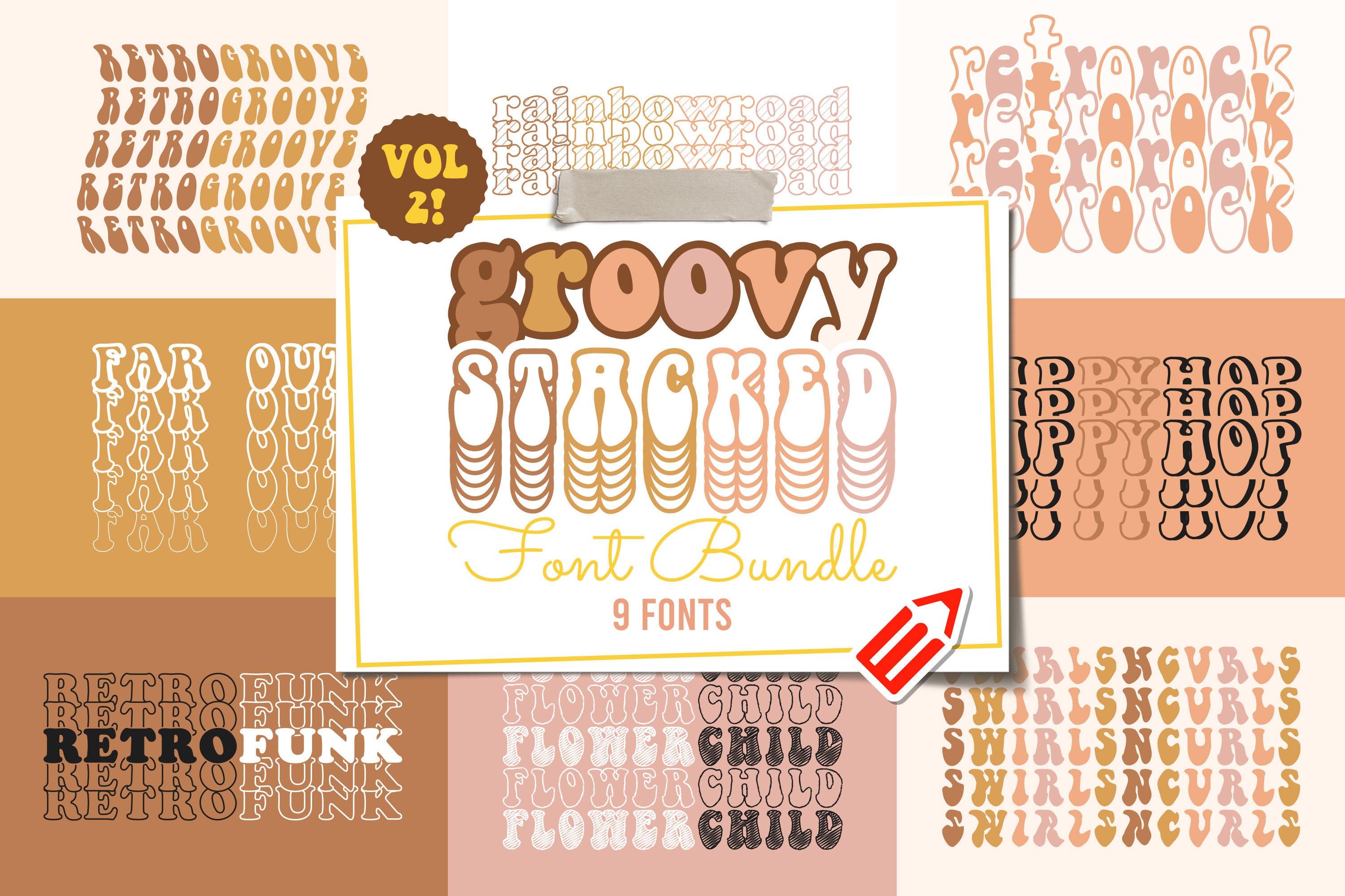 Groovy Stacked Font Bundle Vol.2 Stacked Font, Layered Font, Groovy ...