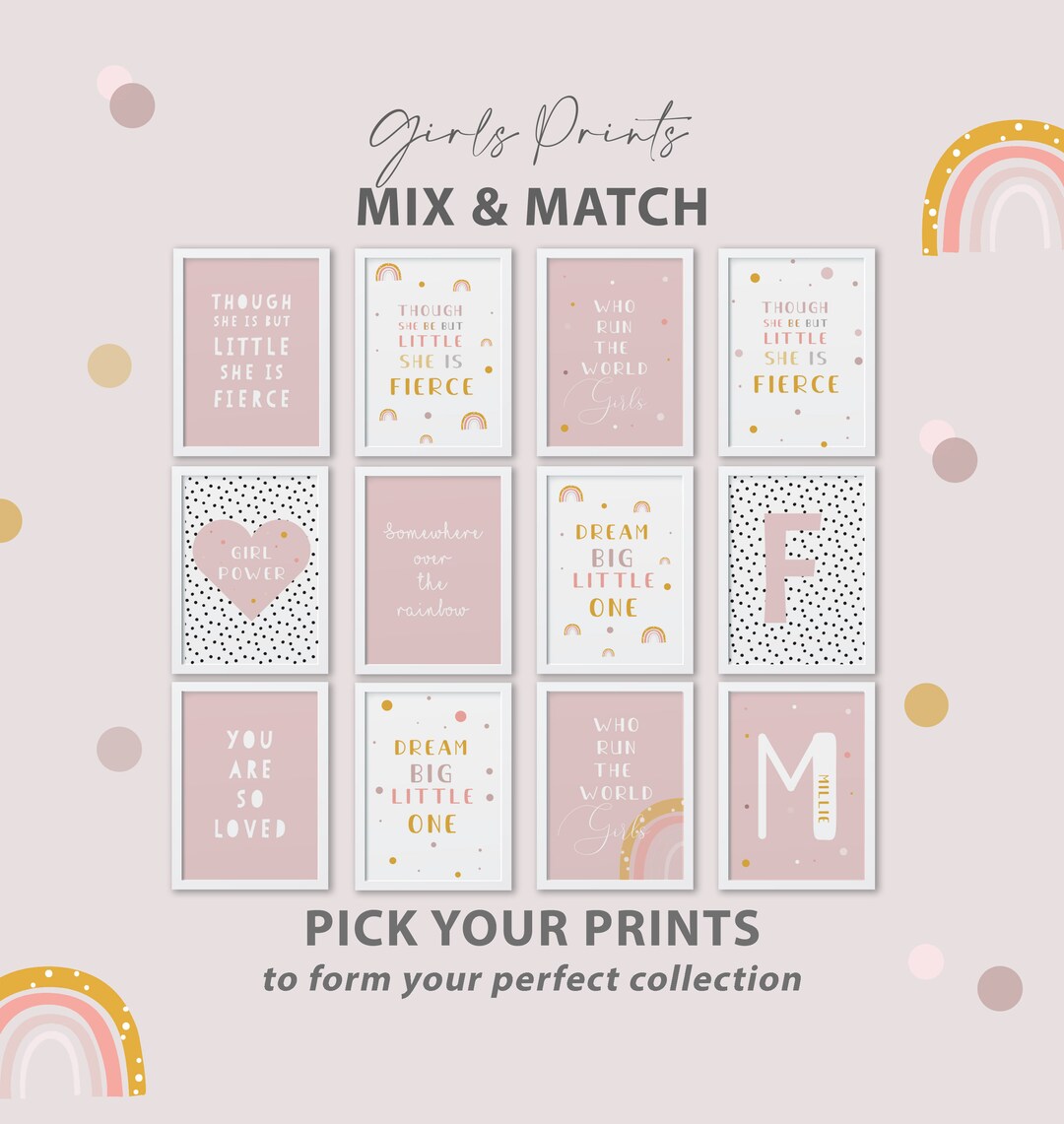 Mix and Match Girls Pink Nursery Prints Set: Rainbow Wall Art, Pink ...