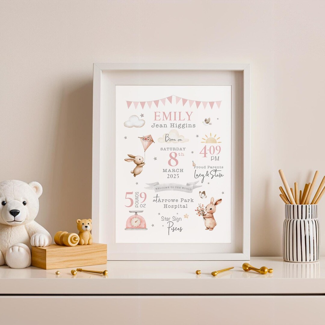 New Baby Girl Birth Stat Print Gift: Keepsake Nursery Decor, Pink Bunny ...