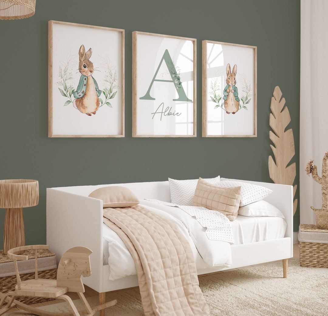 Set of 3 Sage Green Peter Rabbit Nursery Print, Personalised Kids ...