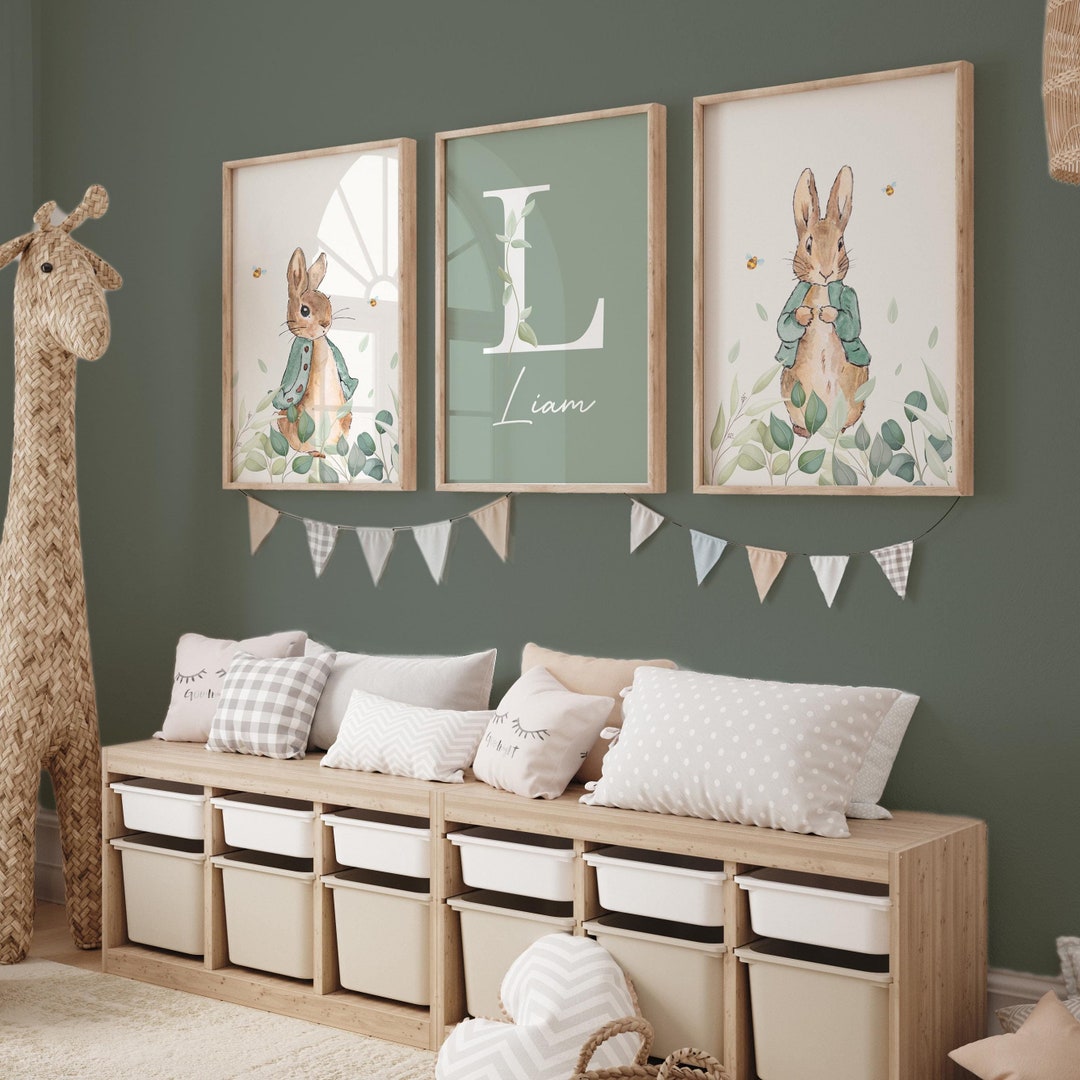 Set of 3 Sage Green Peter Rabbit Nursery Print, Personalised Kids ...
