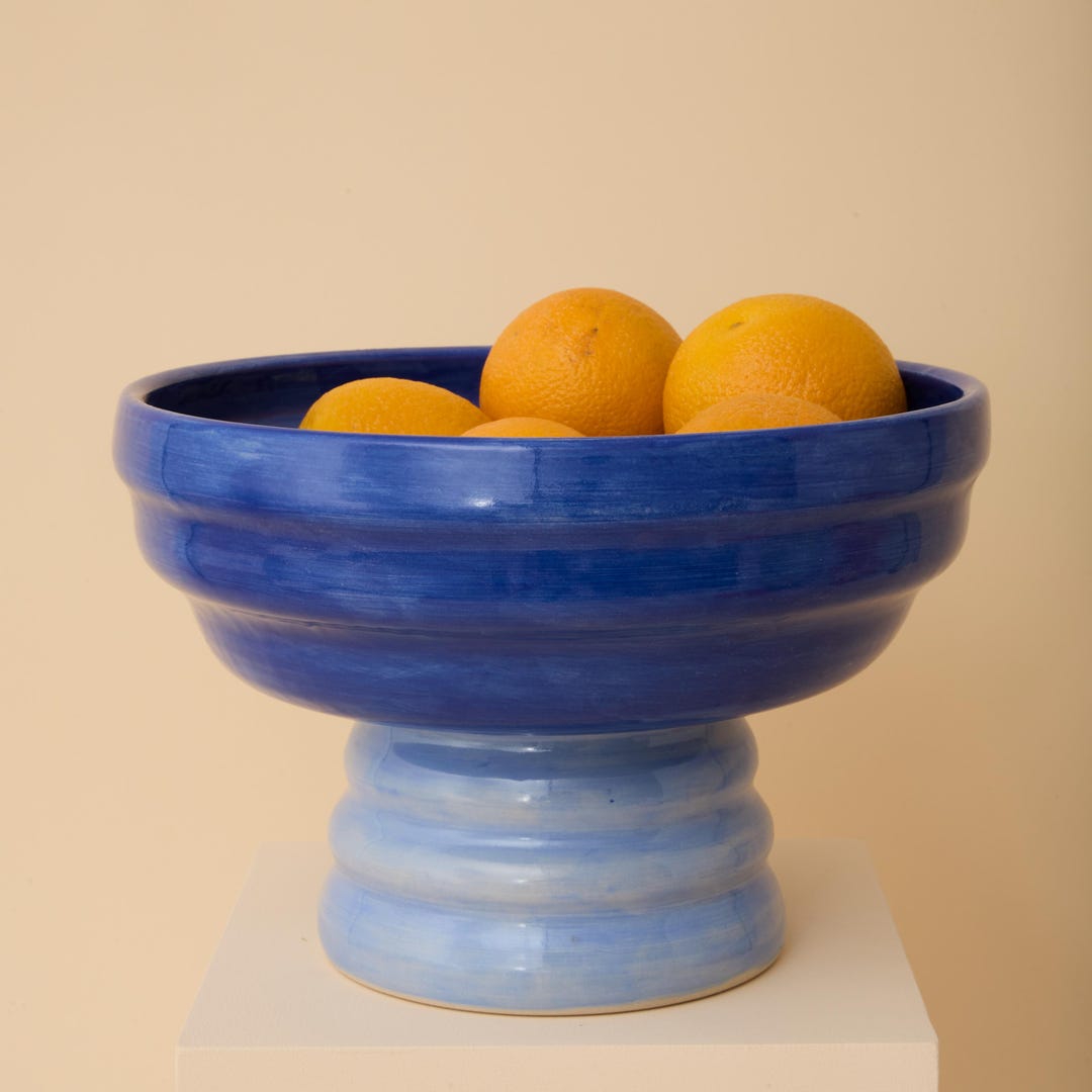 Large Blue Handmade Ceramic Raised Bowl - Etsy