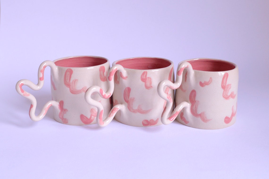 Handmade Ceramic Mug With Wiggle Handle Design and Pink - Etsy