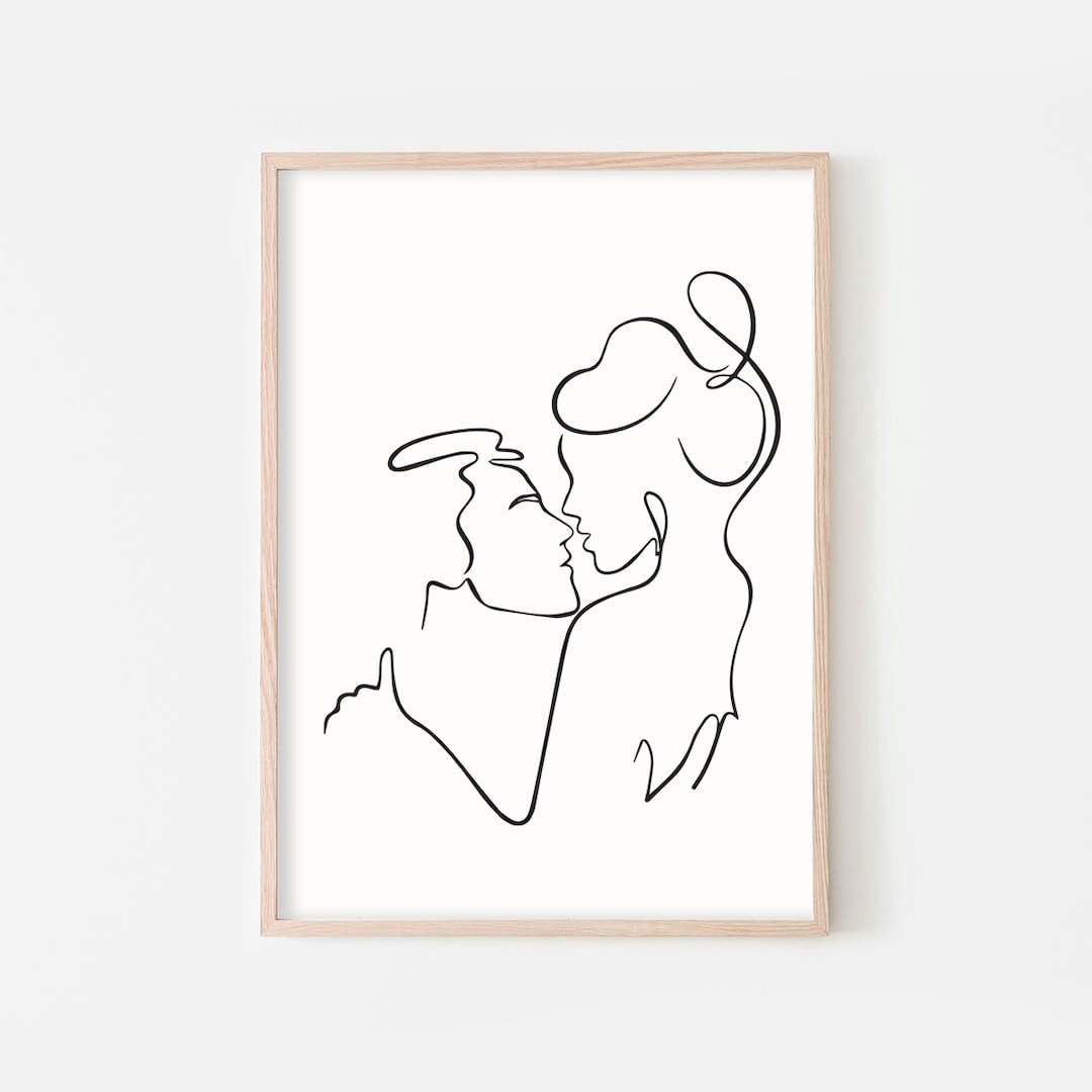 Abstract Couple Line Art Print, Kiss Artwork, Minimalist, Love Wall Art ...