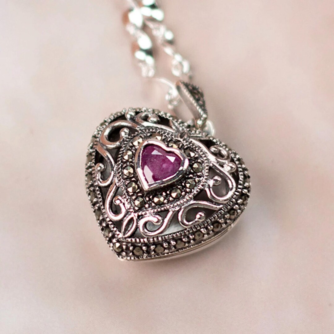 Genuine Ruby Locket Necklace: Sterling Silver Heart, July Birthstone ...