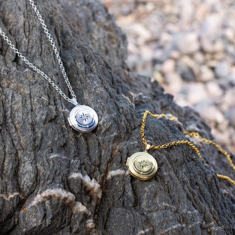 Sterling Silver Men's Compass Locket Necklace, Engraved Photo Pendant ...