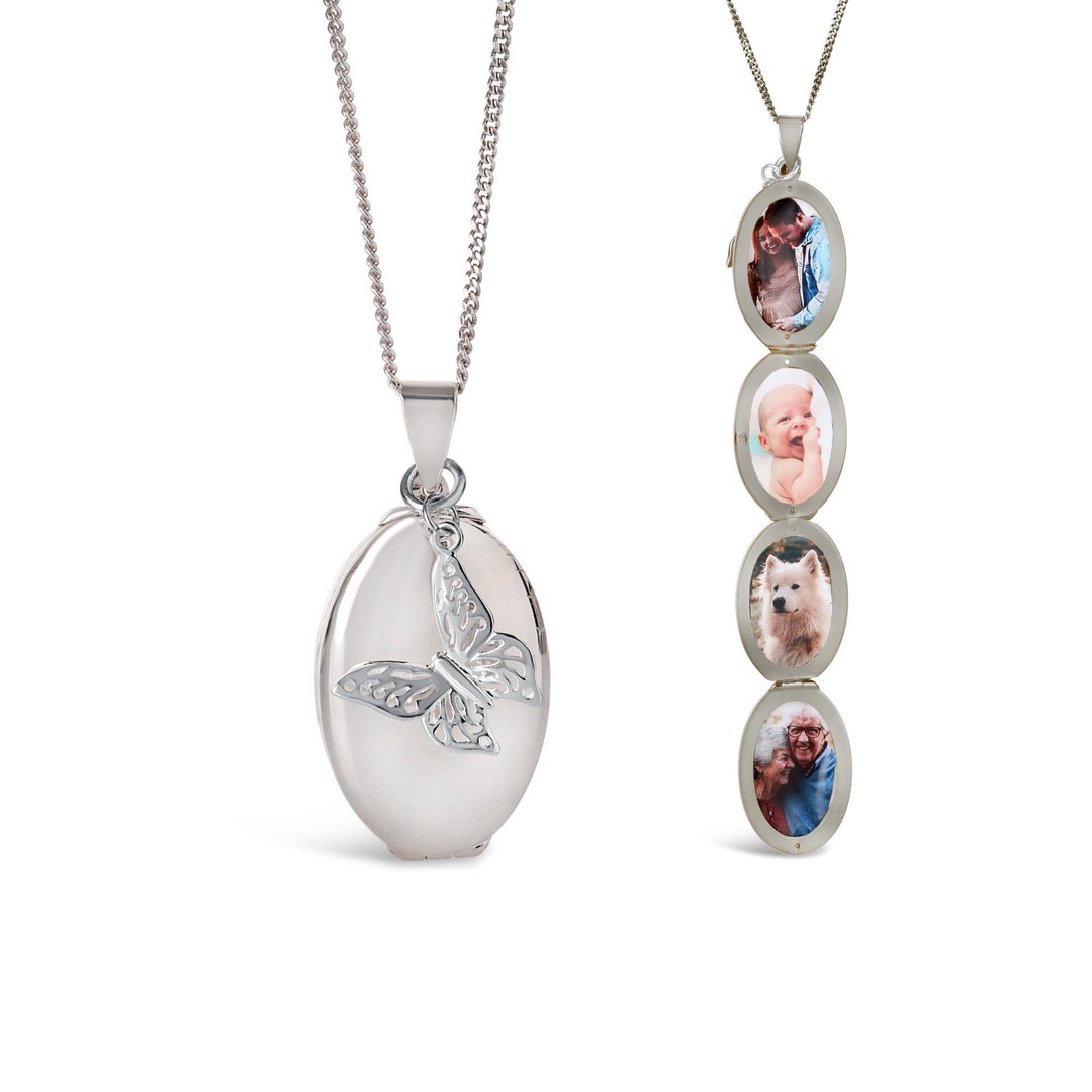 Butterfly Locket Necklace: 18K White Gold Vermeil, Engravable Four ...
