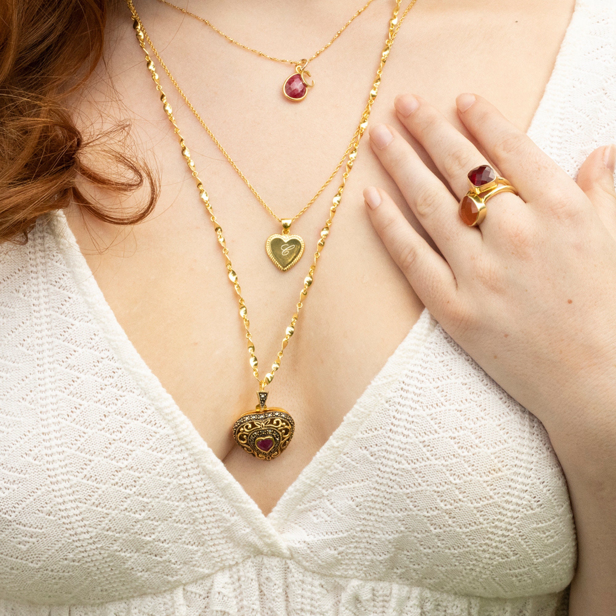 Ruby Heart Locket Necklace: 18K Gold Vermeil, Vintage Style Pendant ...
