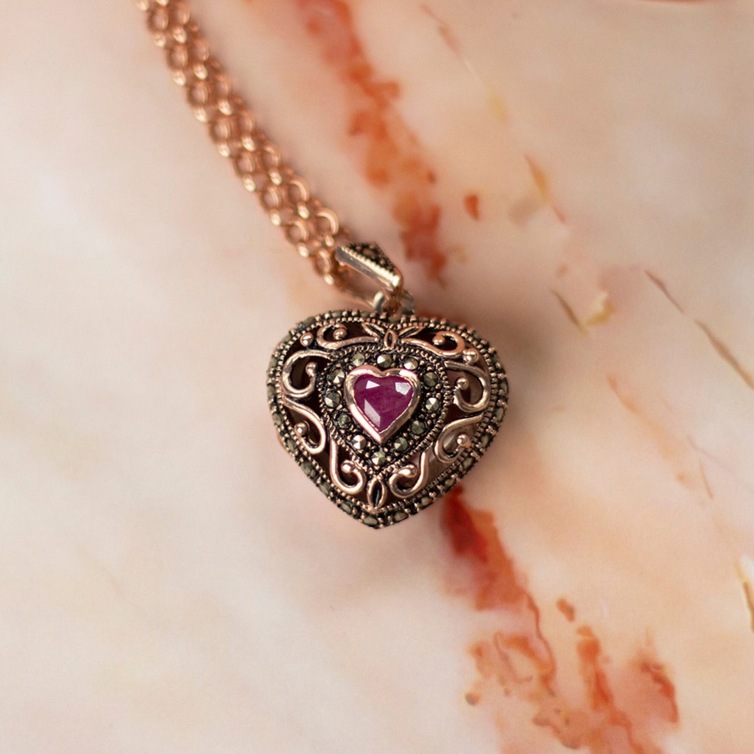 Ruby Locket Necklace: Rose Gold Vermeil, Vintage Style, July Birthstone ...